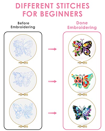 Butterfly Flower Embroidery Stitch Practice kit, 3 Sets Beginners Embroidery Kit for Beginners Include Embroidery Cloth Hoops Threads for Craft Lover Hand Stitch with Embroidery Skill Techniques