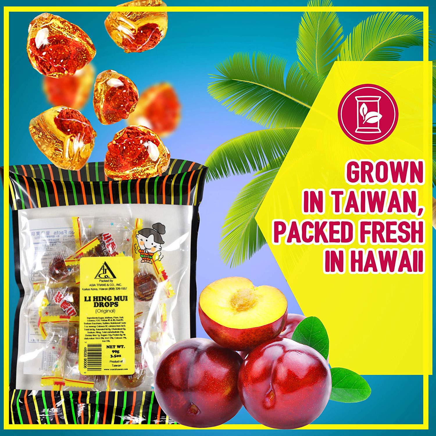 Asia Trans Golden Plum Crack Seed Drops | Hawaiian Favorite | Sweet, Sour, & Salty Dried Asian Plum Hard Candy (3.5 oz)