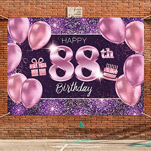 PAKBOOM Happy 88th Birthday Banner Backdrop - 88 Birthday Party Decorations Supplies for Women - Pink Purple Gold 4 x 6ft