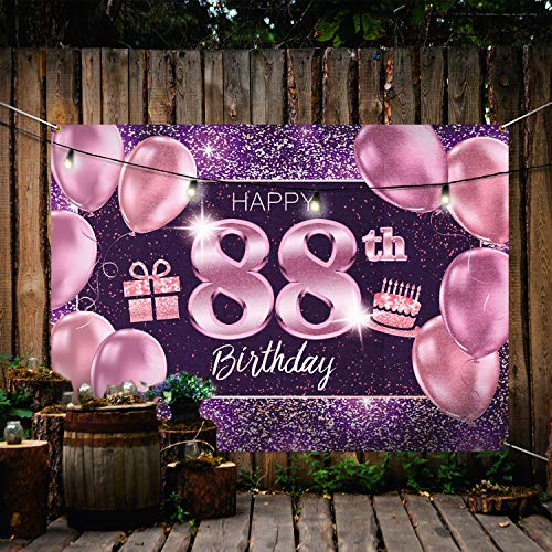 PAKBOOM Happy 88th Birthday Banner Backdrop - 88 Birthday Party Decorations Supplies for Women - Pink Purple Gold 4 x 6ft