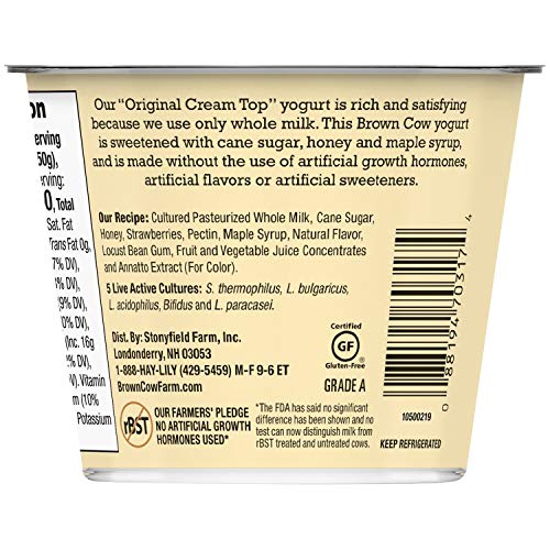 Brown Cow Cream Top Strawberry on the Bottom Whole Milk Yogurt, 5.3 oz. Cup- Creamy, Delicious Yogurt
