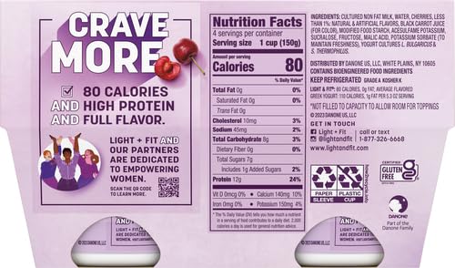 Dannon Light + Fit Greek Nonfat Yogurt, Cherry, Gluten-Free, 5.3 oz., 4 Pack