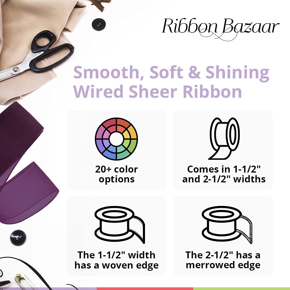 Ribbon Bazaar Sheer Organza Wired Ribbon - 100% Polyester Wire Edged Ribbon for Floral Decor, Table Arrangements, Apparel Embellishment & More - 1-1/2" Royal Blue 25yd
