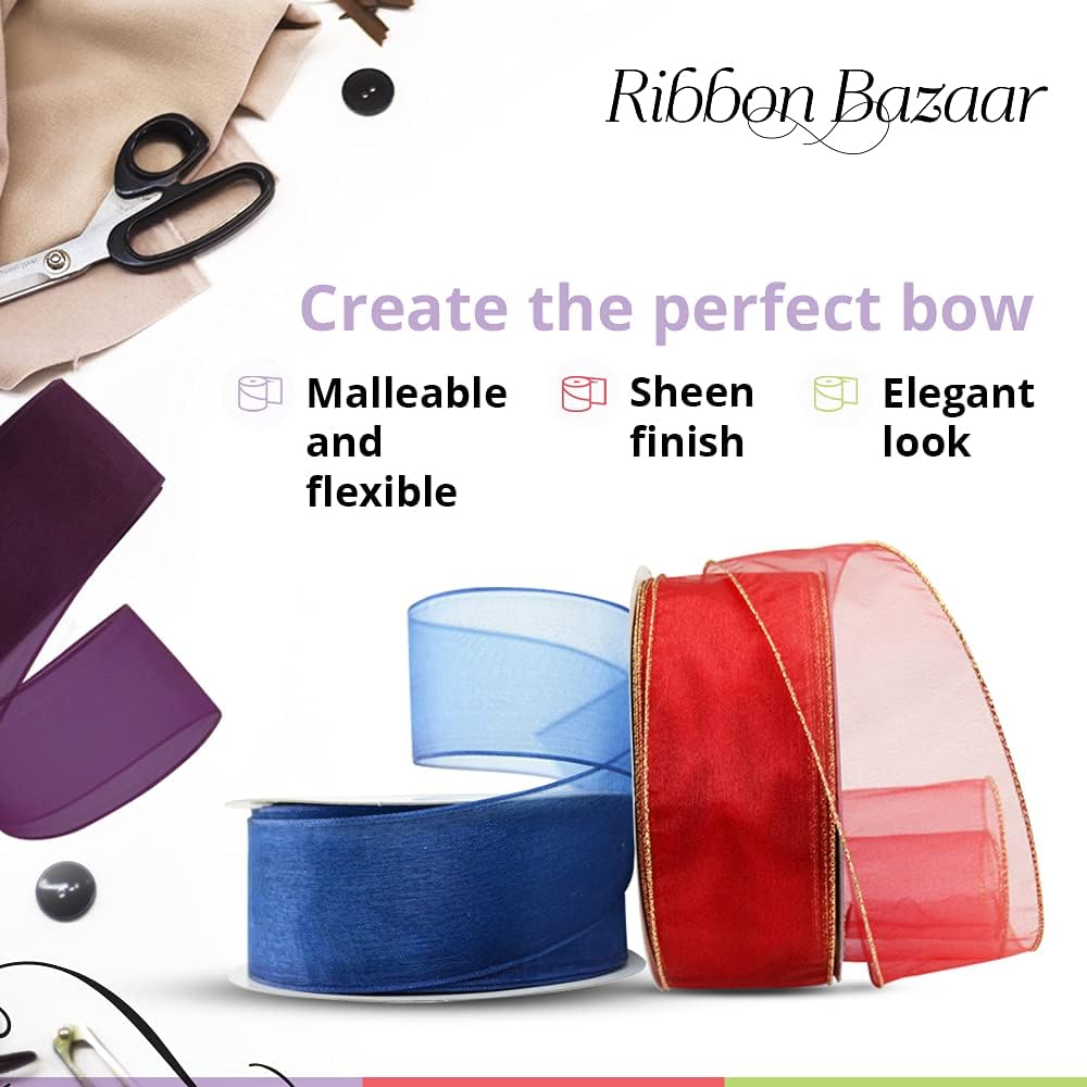 Ribbon Bazaar Sheer Organza Wired Ribbon - 100% Polyester Wire Edged Ribbon for Floral Decor, Table Arrangements, Apparel Embellishment & More - 1-1/2" Royal Blue 25yd