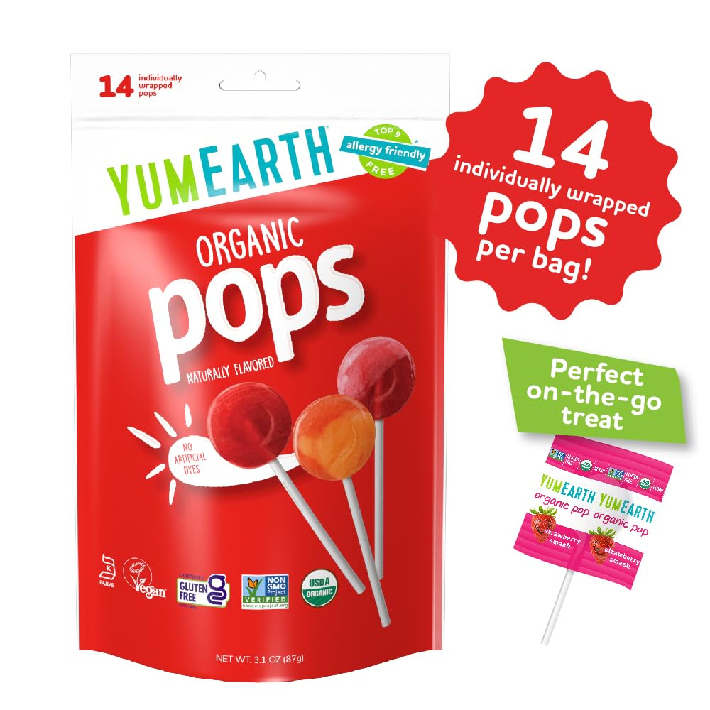 YumEarth Organic Pops Variety Pack, 14 Fruit Flavored Favorites Lollipops, Allergy Friendly, Gluten Free, Non-GMO, Vegan, No Artificial Flavors or Dyes