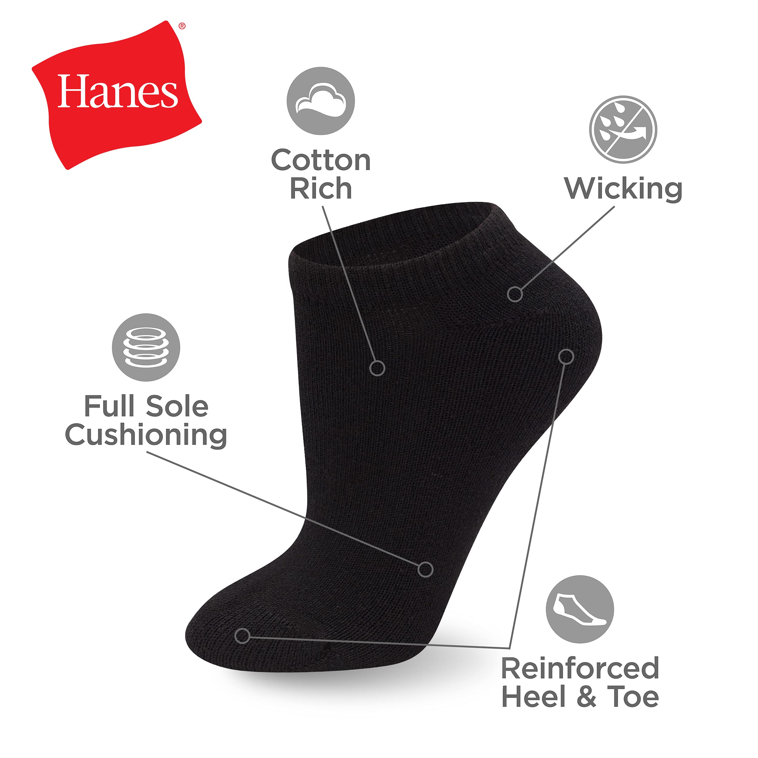 Hanes Womens Value Pack, No Show Soft Moisture-wicking Socks, Available In 10 And 14-packs, Black - 10 Pack, 8-12 US