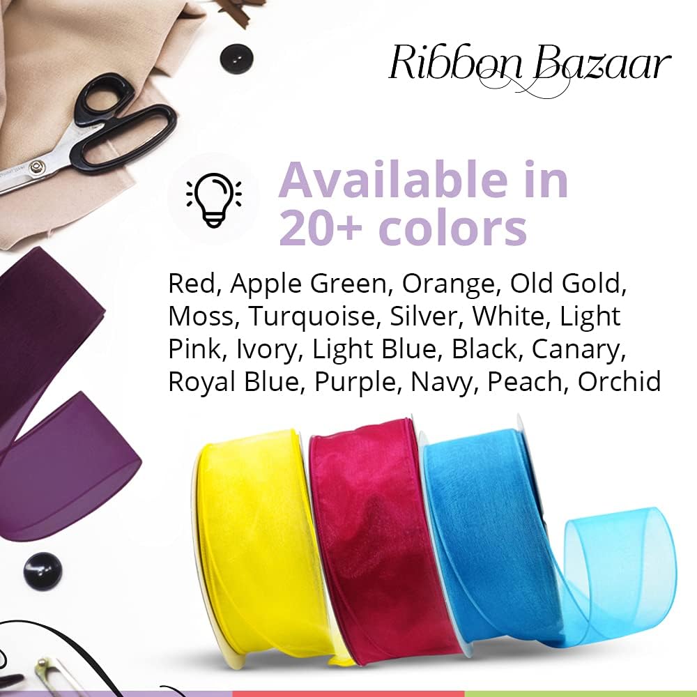 Ribbon Bazaar Sheer Organza Wired Ribbon - 100% Polyester Wire Edged Ribbon for Floral Decor, Table Arrangements, Apparel Embellishment & More - 1-1/2" Royal Blue 25yd