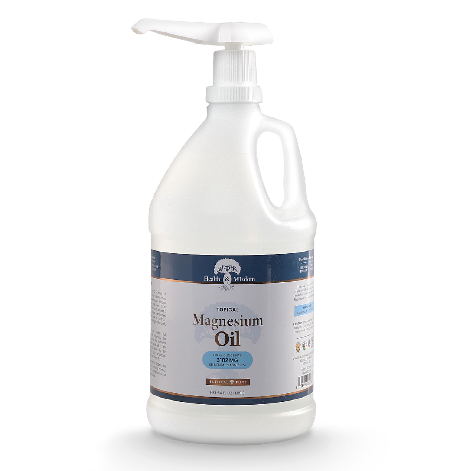 Health and Wisdom Topical Magnesium Oil - Pure Magnesium Oil, Magnesium Oil for Feet, Transdermal Magnesium Oil for Bath, Magnesium Massage Oil, Magnesium Chloride Oil, Magnesium Soak - 128 Fl Oz