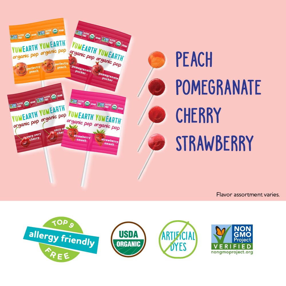 YumEarth Organic Pops Variety Pack, 14 Fruit Flavored Favorites Lollipops, Allergy Friendly, Gluten Free, Non-GMO, Vegan, No Artificial Flavors or Dyes