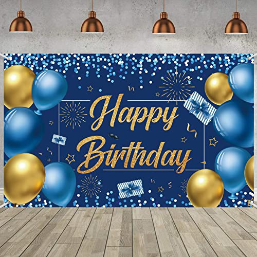 Lovyan Happy Birthday Banner Backdrop Extra Large Fabric Blue Gold Sign Poster Photo Booth Background for Men Women Birthday Anniversary Party Decoration Supplies, 71 x 43.3 Inch (Gift)