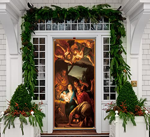 Holy Nativity Christmas Door Cover Traditional Winter Christmas Story Door Banner Nativity Scene Sign Cover for Front Door Porch Home Jesus Christ Family Door Cover Xmas Door Backdrop Decoration