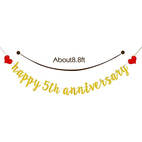 AonBon Gold Happy 5th Anniversary Banner, for 5th Anniversary Party Decoration, 5th Wedding Anniversary Party Decoration Photo Props