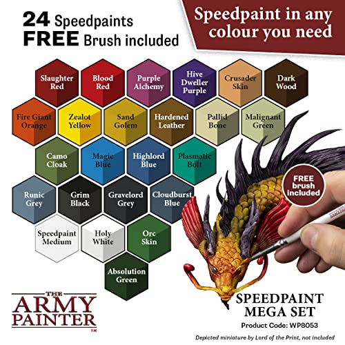 The Army Painter Speedpaint Mega Set - 24 x 18ml Speed Model Paint Kit Pre Loaded with Mixing Balls and 1 Brush- Base, Shadow and Highlight in One Miniature and Model Paint Set for Plastic Models