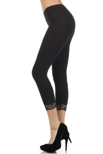 Sakkas 440060 Cotton Blend Lace Trim Stretch Capri Leggings - Made in USA - Black - S