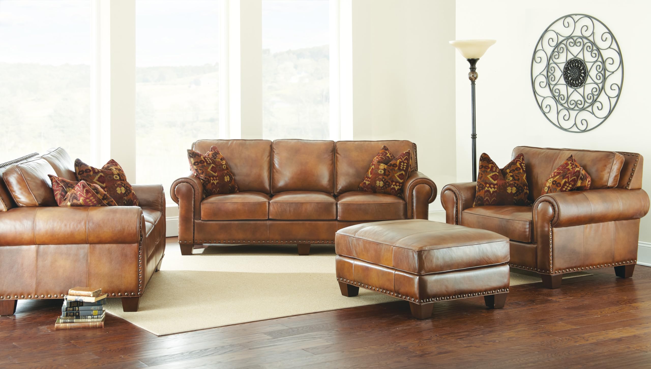Steve Silver Company Silverado Upholstered Loveseat with 2 Accent Pillows, Living Room, Game Room, Genuine Leather, Antique Nailhead Trim, Rustic Styling, Bedroom, Sofa, 41" D x 68" W x 38" H, Brown