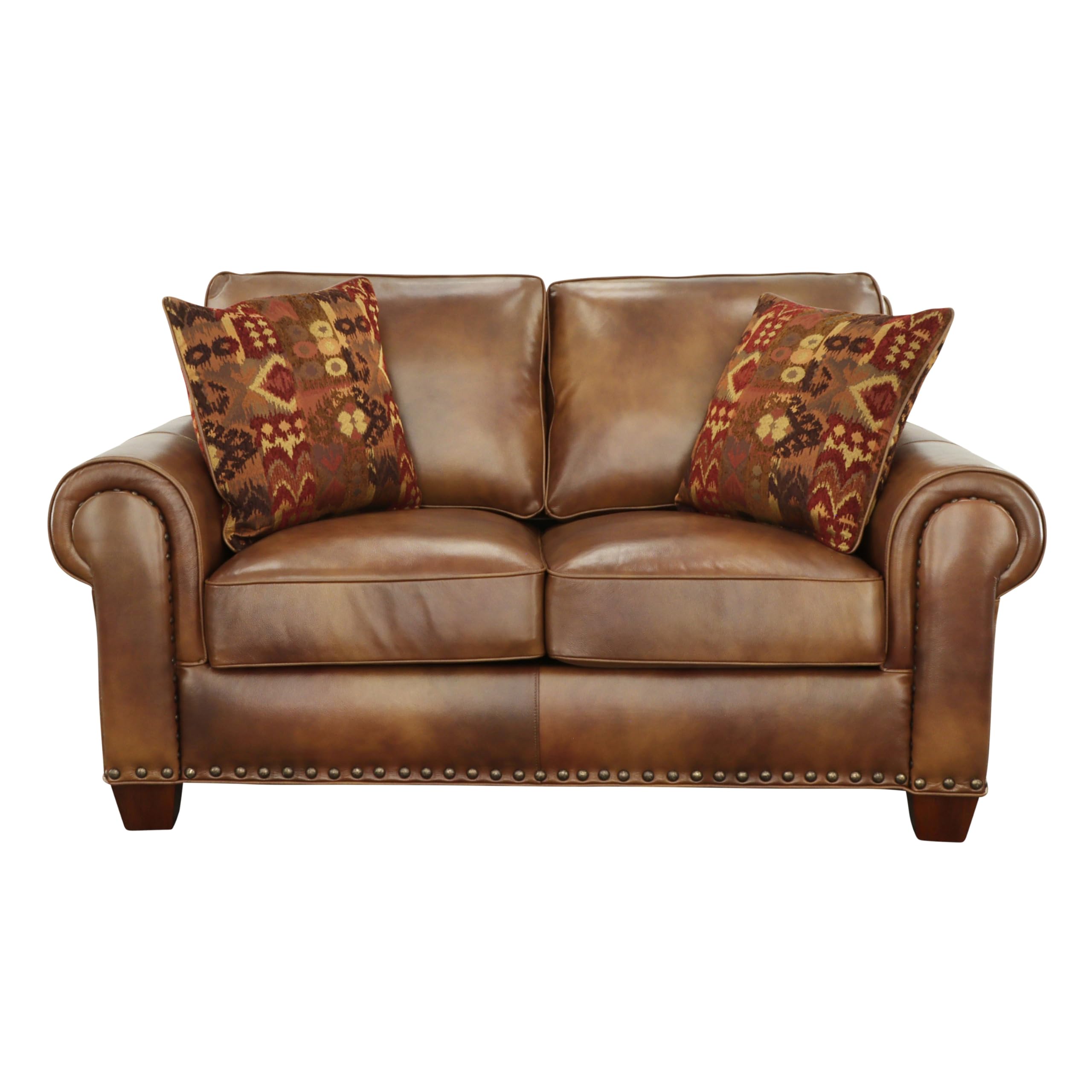 Steve Silver Company Silverado Upholstered Loveseat with 2 Accent Pillows, Living Room, Game Room, Genuine Leather, Antique Nailhead Trim, Rustic Styling, Bedroom, Sofa, 41" D x 68" W x 38" H, Brown