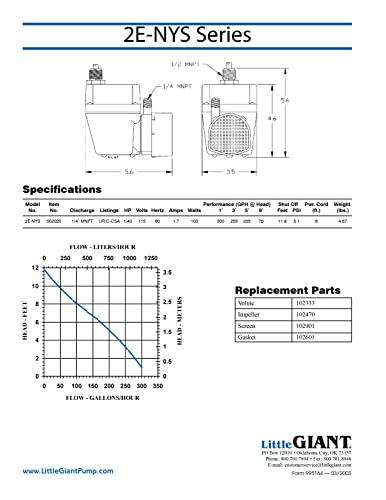 Little Giant 2E-NYS 115 Volt, 1/40 HP, 300 GPH, Cast Aluminum Submersible Parts Washer Pump for Unheated Stoddard Solvent or Deodorized Kerosene with 6-Ft. Power Cord (Plug-less), Grey, 502020