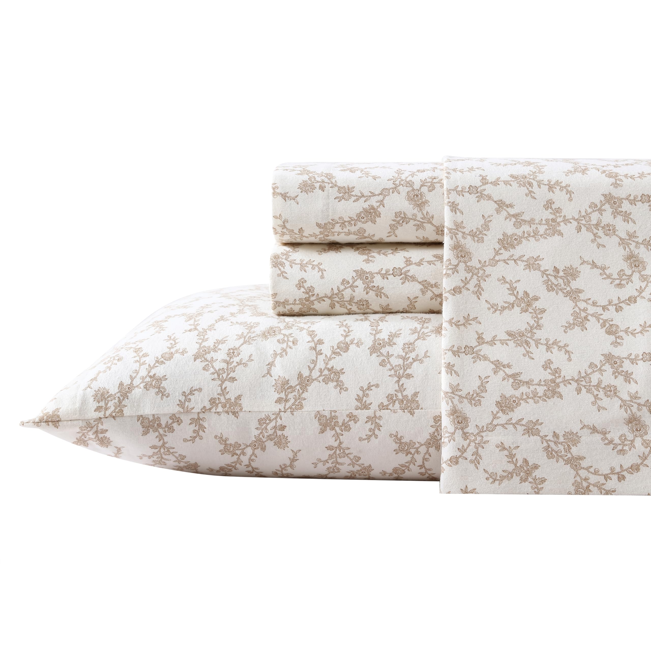 Laura Ashley - King Sheet Set, Cotton Flannel Bedding, Brushed for Extra Softness & Comfort (Victoria Beige, King)