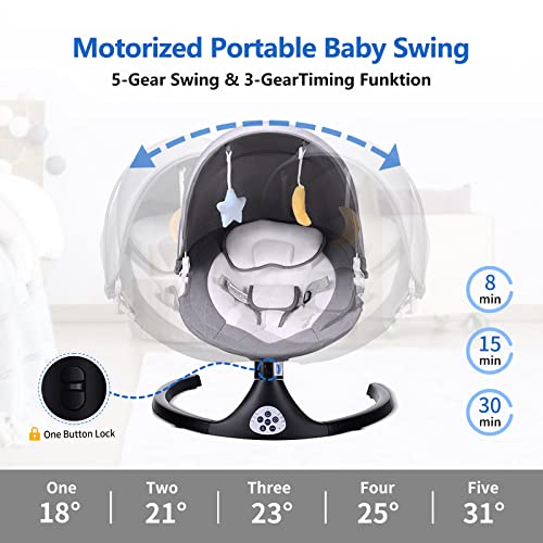ZRWD Baby Swing for Infants, 5 Speed Electric Bluetooth Baby Rocker for Newborn, 3 Timer Settings & 10 Pre-Set Lullabies, Portable Baby Swing with Tray and Remote Control for 5-26 lbs, 0-12 Months