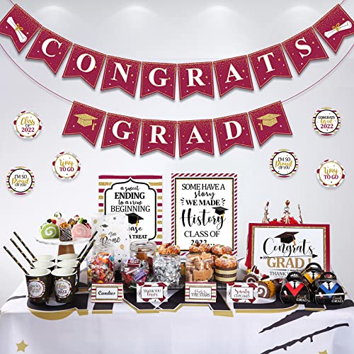 2022 Graduation Candy Bar Buffet Decorations Congrats Grad Kit Congrats Grad Banner Graduation Dessert Table Signs Folding Food Label Tent Cards Set Graduation Cup Tags for Graduation Party (Wine Red)
