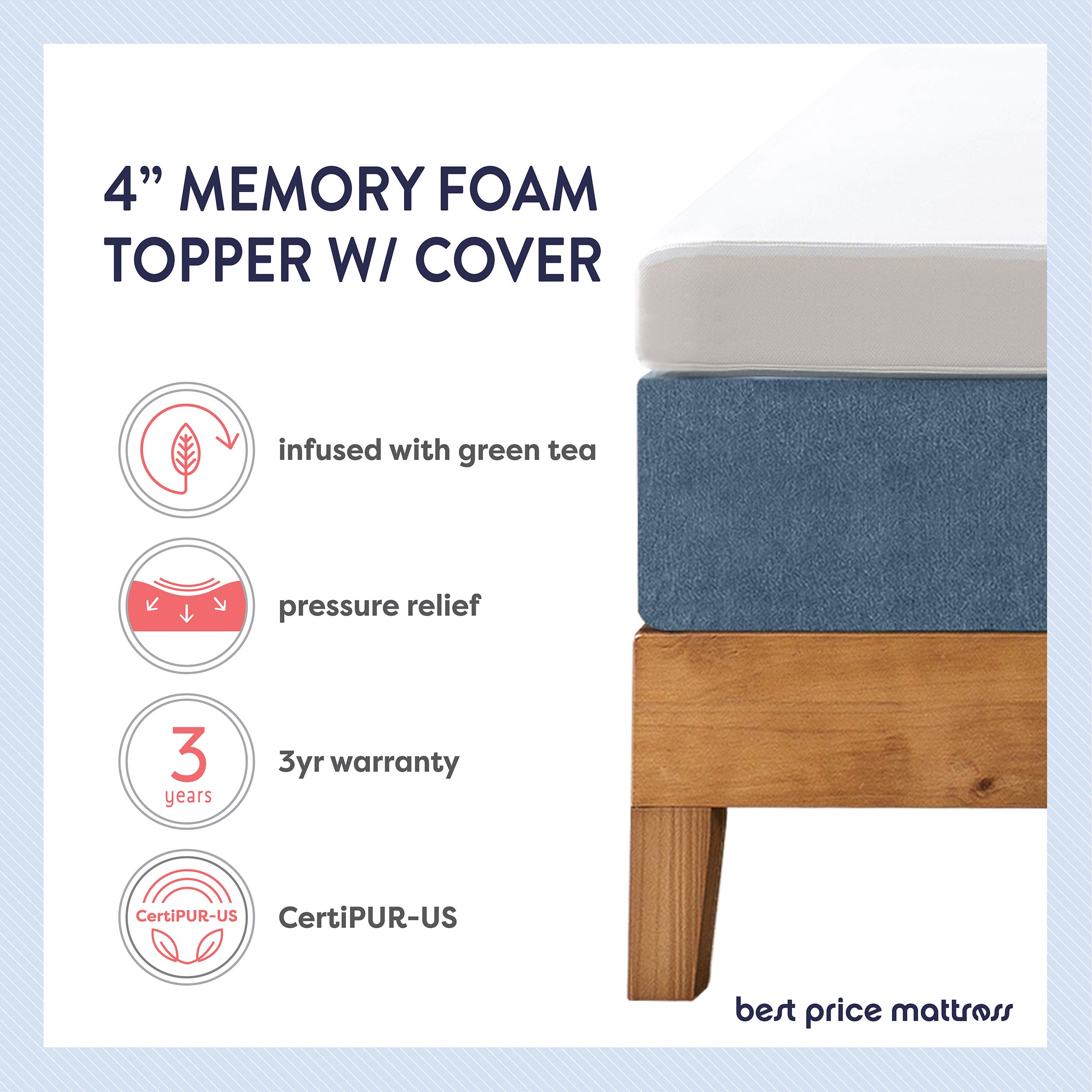 Best Price Mattress Mellow 4 Inch Memory Foam Mattress Topper with Cover, Calming Green Tea Infusion, Full,White