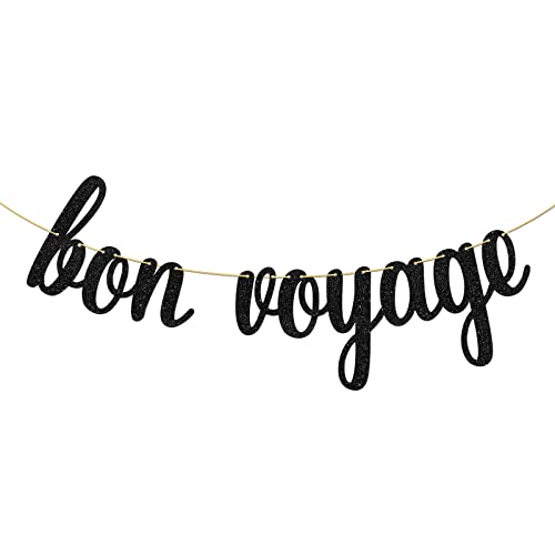 Bon Voyage Banner, Retirement/Graduation/Moving/Goodbye Party Decorations Supplies, Travel Theme Party Sign, Black Glitter