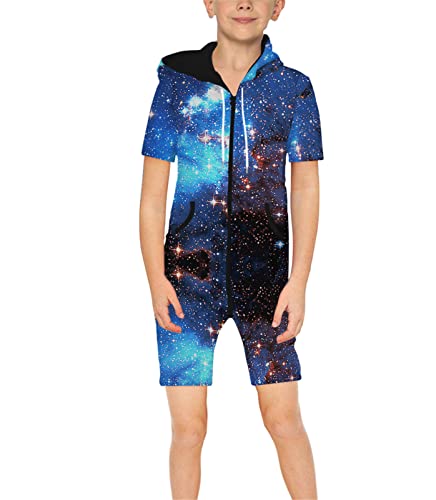 TENMET Kids Galaxy Zip Short Jumpsuits Hooded Onepiece Romper Onesie for Boys 9-14 Years