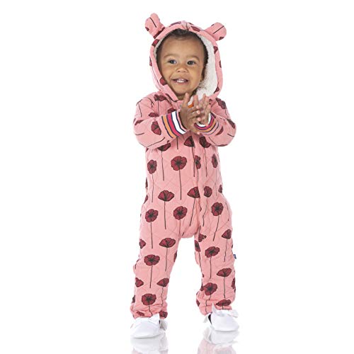 KicKee Pants Print Quilted Hoodie Coverall with Sherpa-Lined Hood (6-12 Months, Strawberry Poppies/Botany Red Ginger Stripe)