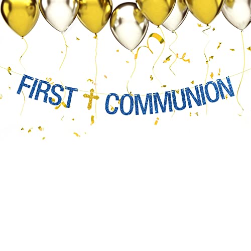 Royal Blue Glitter First Communion Banner - God Bless Banner - Kid's First Communion Party Decorations