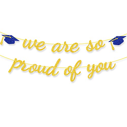 Blue We Are So Proud of You Banner Congratulations Grad Cap Gold Glitter Class of Garland Congrats Sign Party Decoration
