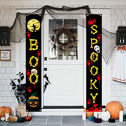 GRESATEK Halloween Door Banner Decorations, Halloween Boo Spooky Witches Skeleton Porch Sign, Festival Decor Banner for Halloween Party Outdoor Indoor Wall Tree and Garden