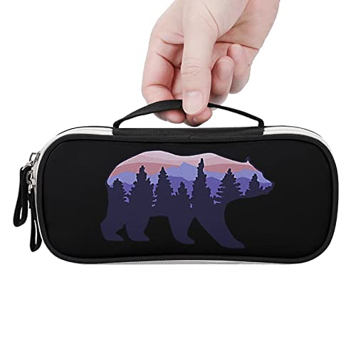 Bear Roaming The Forrest PU Leather Pencil Pen Case Organizer Travel Makeup Handbag Portable Stationery Bag