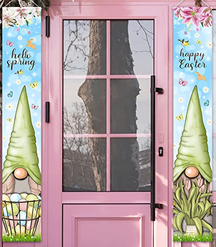 Easter Porch Sign Banner-Easter Gnomes Decoration Hello Spring Happy Easter Door Hanging Banner Outdoor Easter Party Supplies Photo Props for Porch