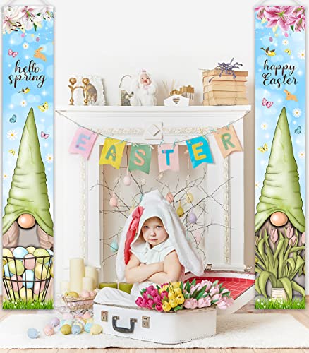 Easter Porch Sign Banner-Easter Gnomes Decoration Hello Spring Happy Easter Door Hanging Banner Outdoor Easter Party Supplies Photo Props for Porch