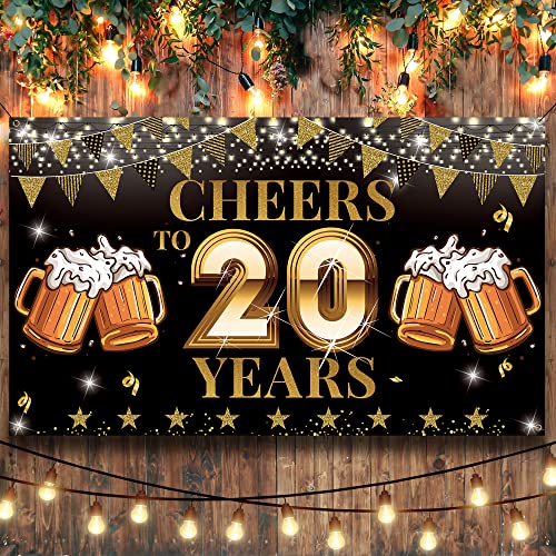 Cheers to 20 Years Backdrop Banner for 20 Year Class Reunion Decorations, 20th Anniversary for Wedding Anniversary, 20th Work Anniversary, 20th Birthday Yard Sign Photo Booth Decor, Reusable, Vicycaty