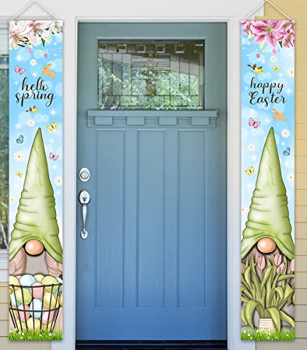 Easter Porch Sign Banner-Easter Gnomes Decoration Hello Spring Happy Easter Door Hanging Banner Outdoor Easter Party Supplies Photo Props for Porch