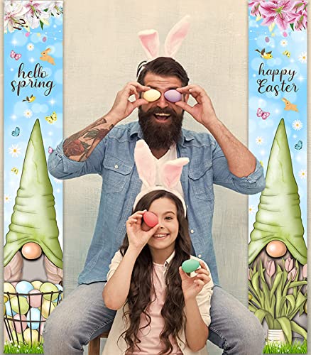 Easter Porch Sign Banner-Easter Gnomes Decoration Hello Spring Happy Easter Door Hanging Banner Outdoor Easter Party Supplies Photo Props for Porch