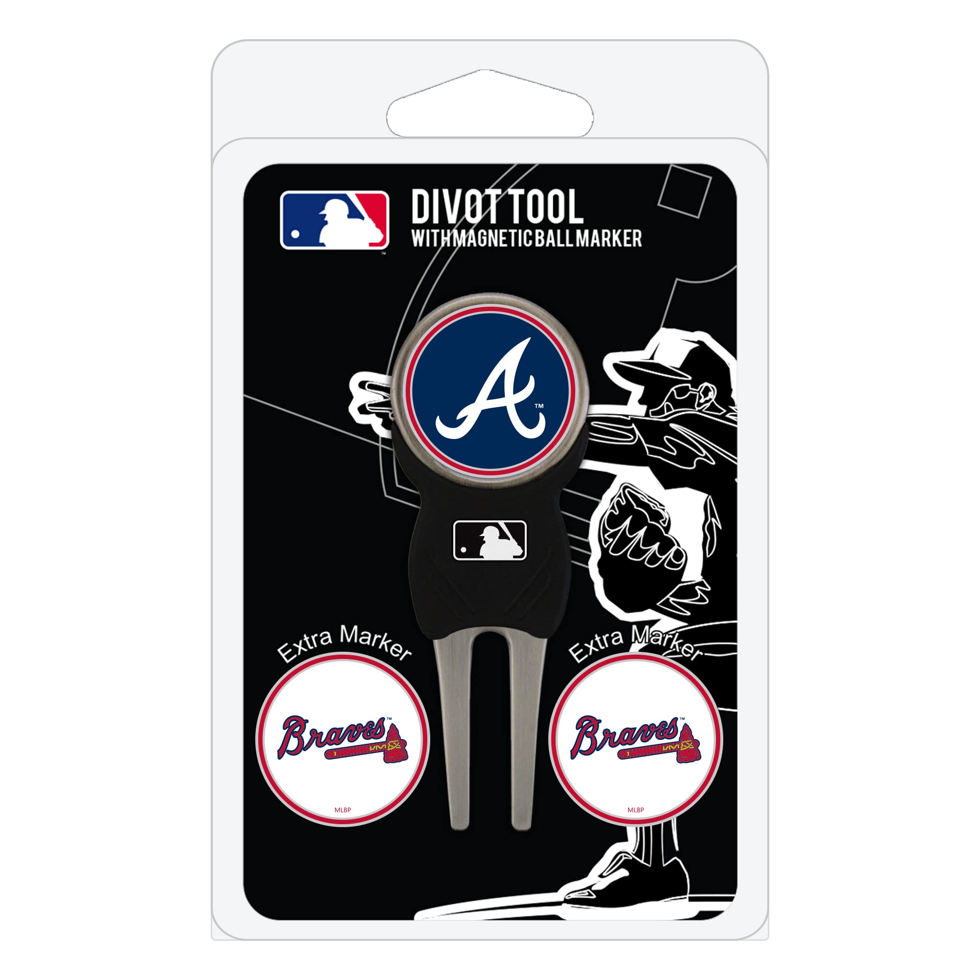 Team Golf MLB Atlanta Braves Divot Tool Pack With 3 Golf Ball Markers Divot Tool with 3 Golf Ball Markers Pack, Markers are Removable Magnetic Double-Sided Enamel