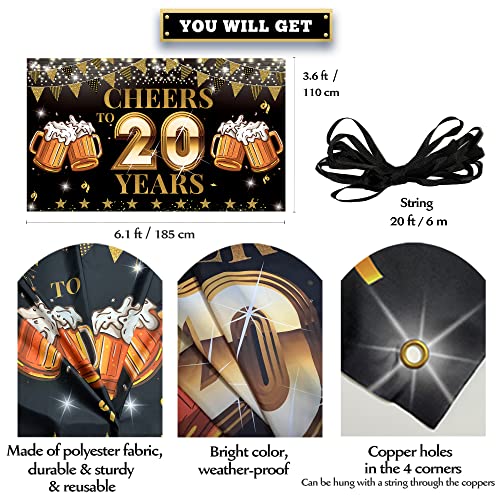Cheers to 20 Years Backdrop Banner for 20 Year Class Reunion Decorations, 20th Anniversary for Wedding Anniversary, 20th Work Anniversary, 20th Birthday Yard Sign Photo Booth Decor, Reusable, Vicycaty