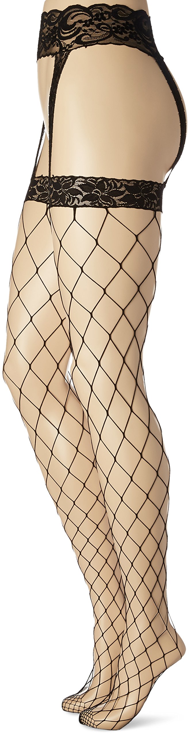 MUSIC LEGS Women's Lace Top Diamond Net Spandex Garterbelt Stockings, Black, One Size