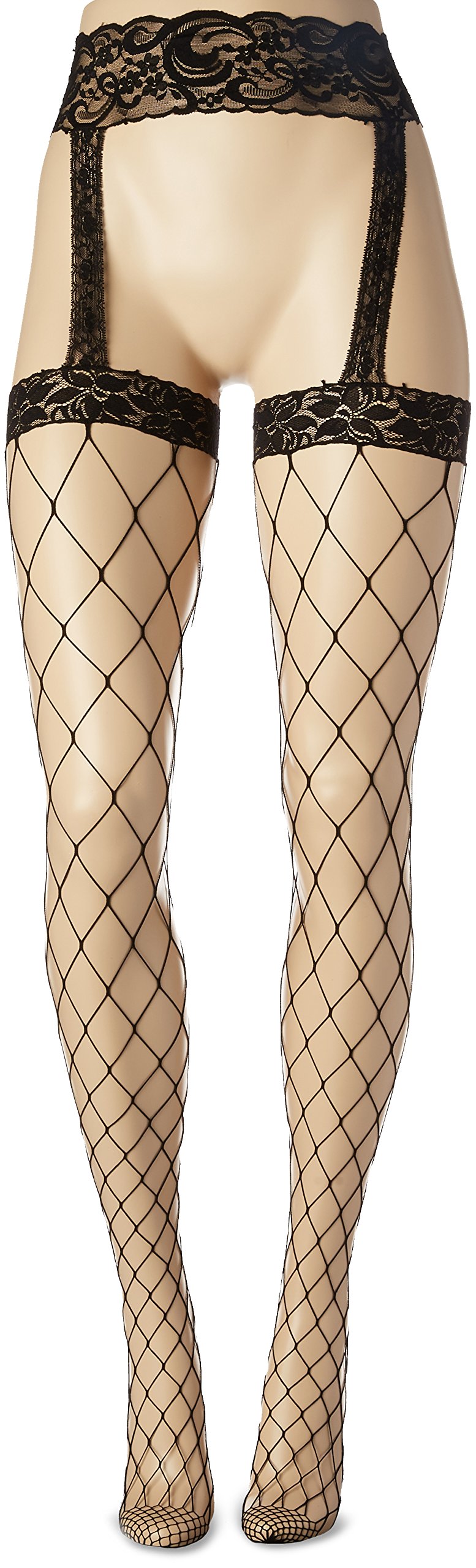 MUSIC LEGS Women's Lace Top Diamond Net Spandex Garterbelt Stockings, Black, One Size