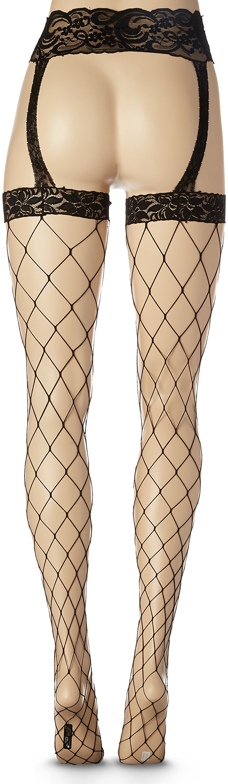 MUSIC LEGS Women's Lace Top Diamond Net Spandex Garterbelt Stockings, Black, One Size