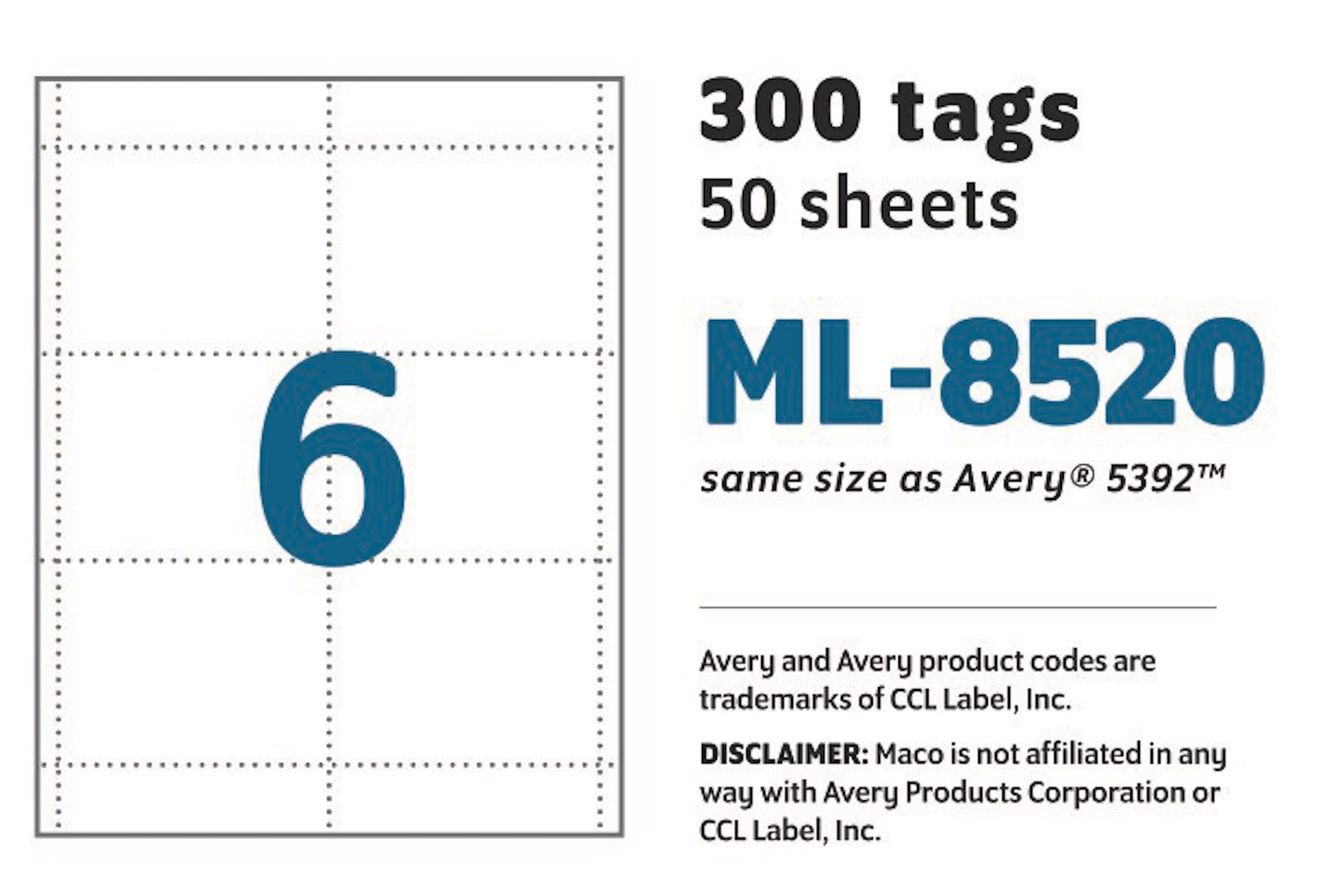 MACO Laser/Ink Jet White Name Tags, 3" x 4", 6 per Sheet, 300 per Box (ML-8520)