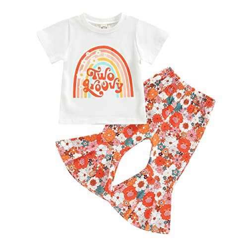 KOSUSANILL Two Groovy Outfit Toddler Baby Girl Short Sleeve Floral Shirt Top Flower Bell Bottom Pants 2PCS Baby Summer Clothes (White, 1-2 Years)