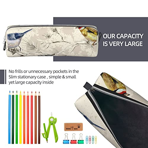 allgobee Pu Leather Pencil Bag Pen Case Little-Birds-Watercolor Students Stationery Pouch Pencil Holder Desk Organizer