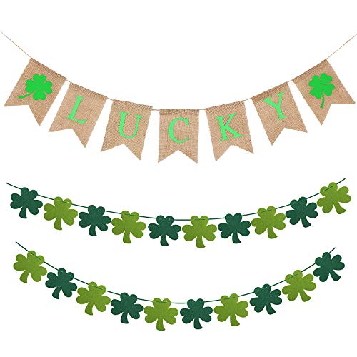 3 Pieces St Patrick's Day Garland Banner Decorations Lucky Burlap Banner Shamrock Irish Leaf Clover Banner Rustic Felt Hanging Banner for Mantel Fireplace Indoor Outdoor Saint Party Decor Supplies