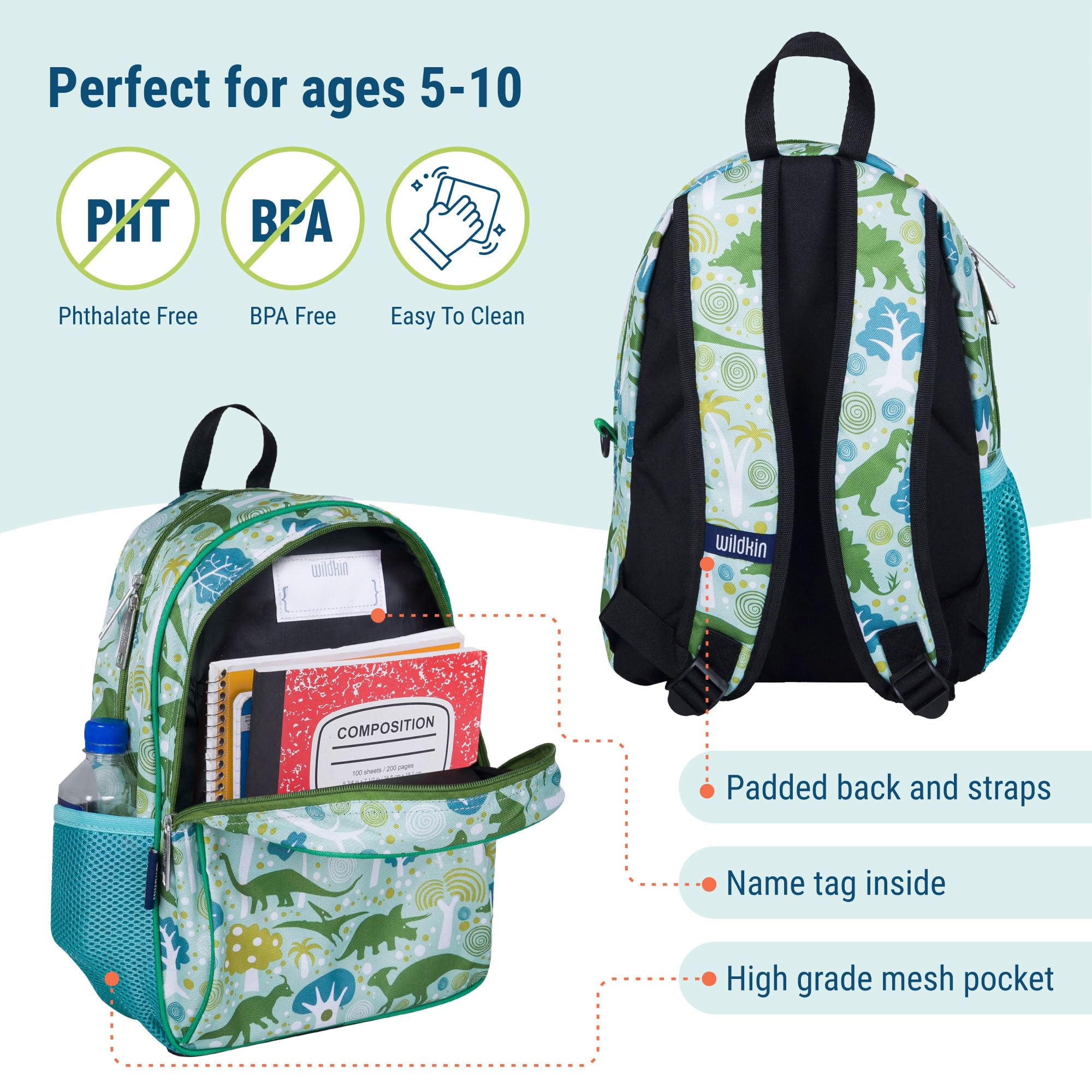 Wildkin 15-inch Kids Backpack – Durable, Padded, Adjustable for School & Travel - Dinomite Dinosaurs