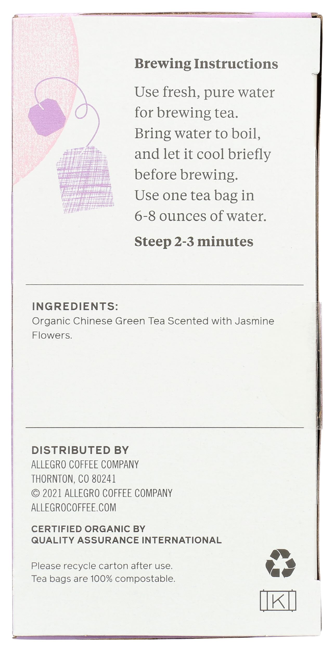Allegro Tea, Organic Jasmine Green Tea Bags, 20 ct