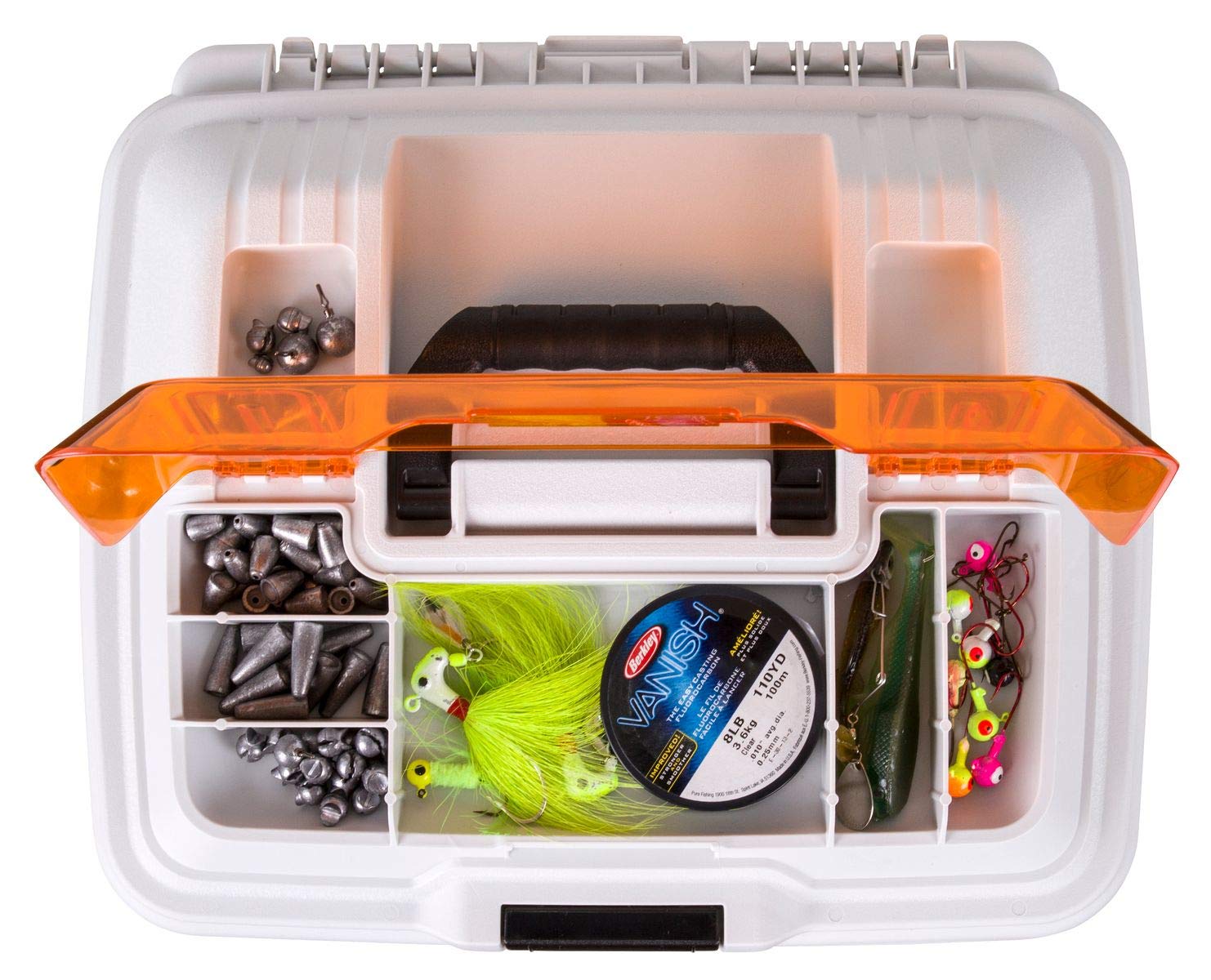 Flambeau Outdoors T4P Pro Multiloader Tackle Box - Portable Fishing Lure Organizer Station With Zerust Anti-RustTechnology, Includes 5 Removable Tuff Tainer Tackle Boxes, White/Orange