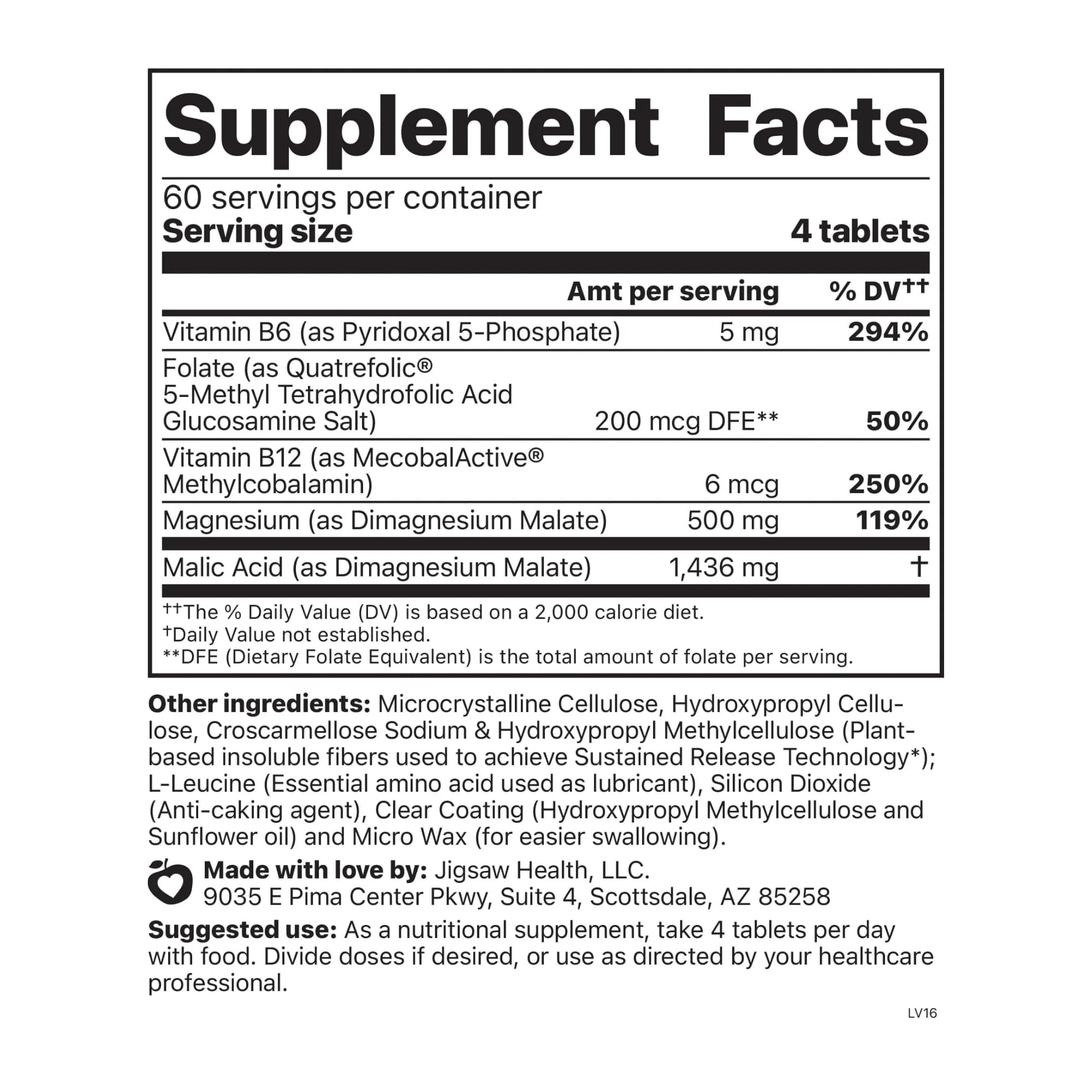 Jigsaw Health MagSRT | Magnesium Supplement with Vitamin B6, Folate & B12 | 240 Tablets | 60 Servings